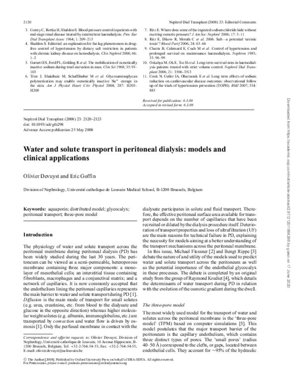 (PDF) Water and solute transport in peritoneal dialysis: models and ...