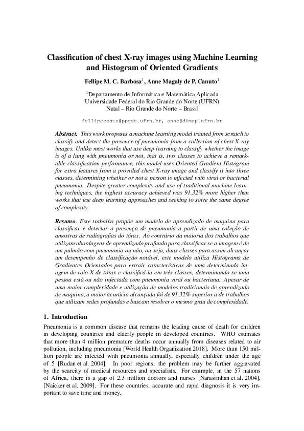 (PDF) Classification of chest X-ray images using Machine Learning and ...