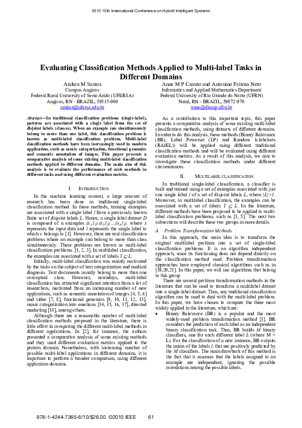 (PDF) Evaluating classification methods applied to multi-label tasks in different domains