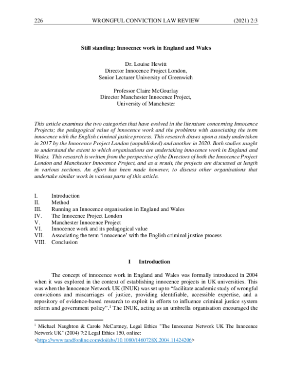 (PDF) Still Standing: Innocence work in England and Wales