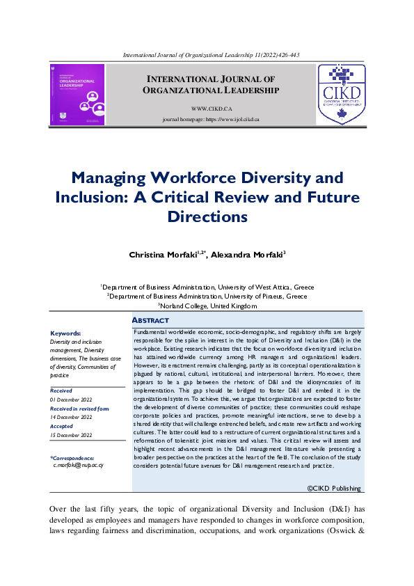 (PDF) Managing Workforce Diversity and Inclusion: A Critical Review and Future Directions