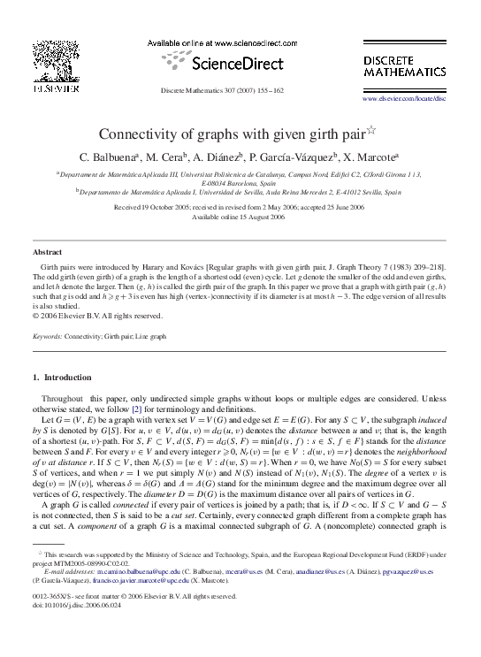 (PDF) Connectivity of graphs with given girth pair