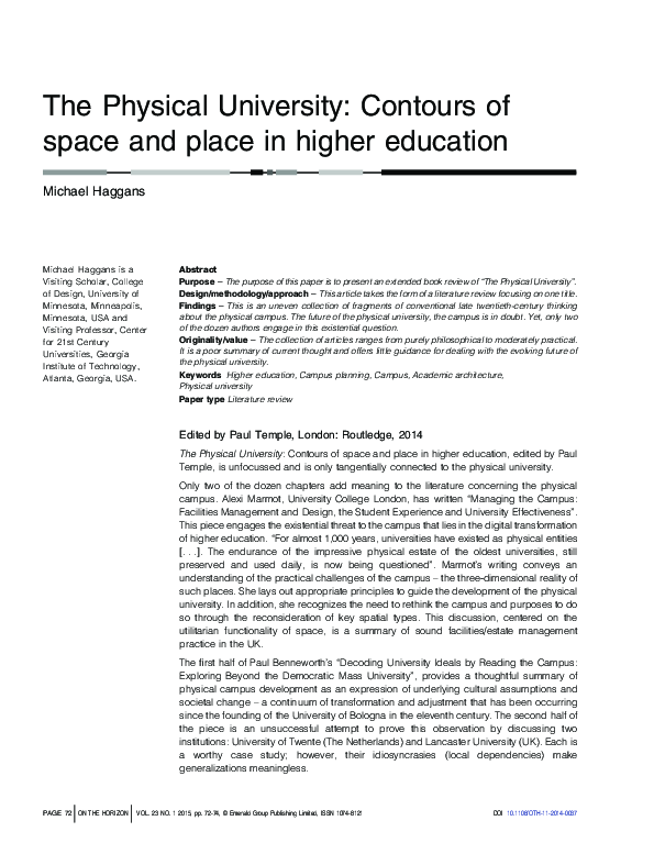 (PDF) The Physical University: Contours of space and place in higher ...