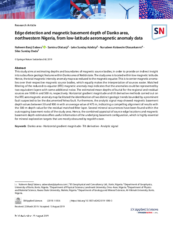 Pdf Edge Detection And Magnetic Basement Depth Of Danko Area Northwestern Nigeria From Low