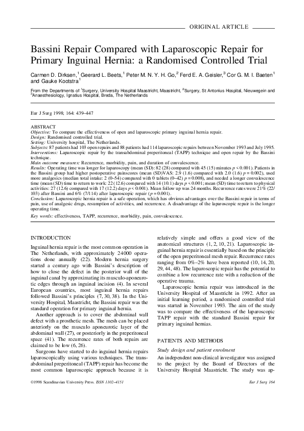 (PDF) Bassini repair compared with laparoscopic repair for primary inguinal hernia: a randomised ...