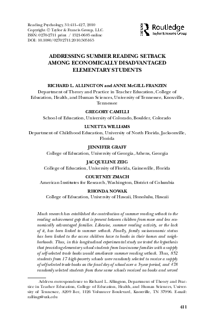 (PDF) Addressing Summer Reading Setback Among Economically ...