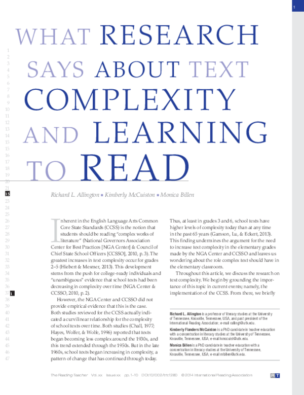 (PDF) What Research Says About Text Complexity and Learning to Read