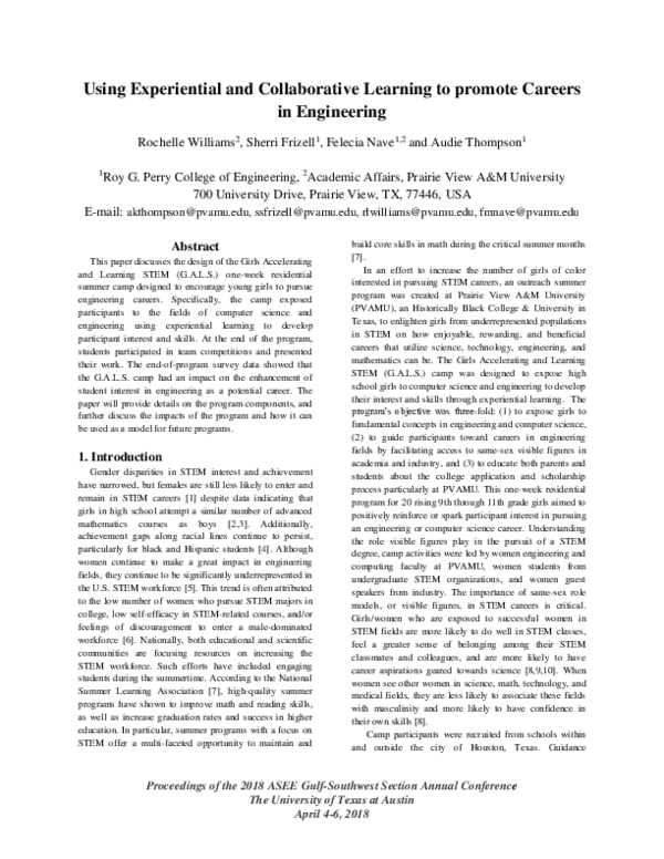 (PDF) Using Experiential and Collaborative Learning to Promote Careers in Engineering