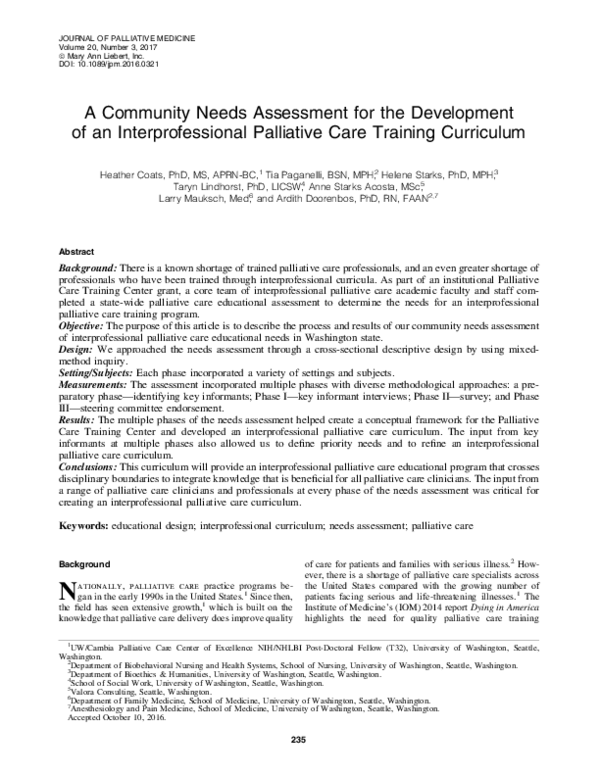 (PDF) A Community Needs Assessment for the Development of an ...