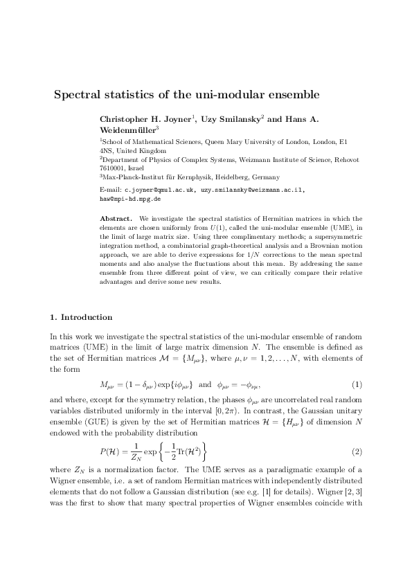 (PDF) Spectral Statistics of Uni-modular Ensembles