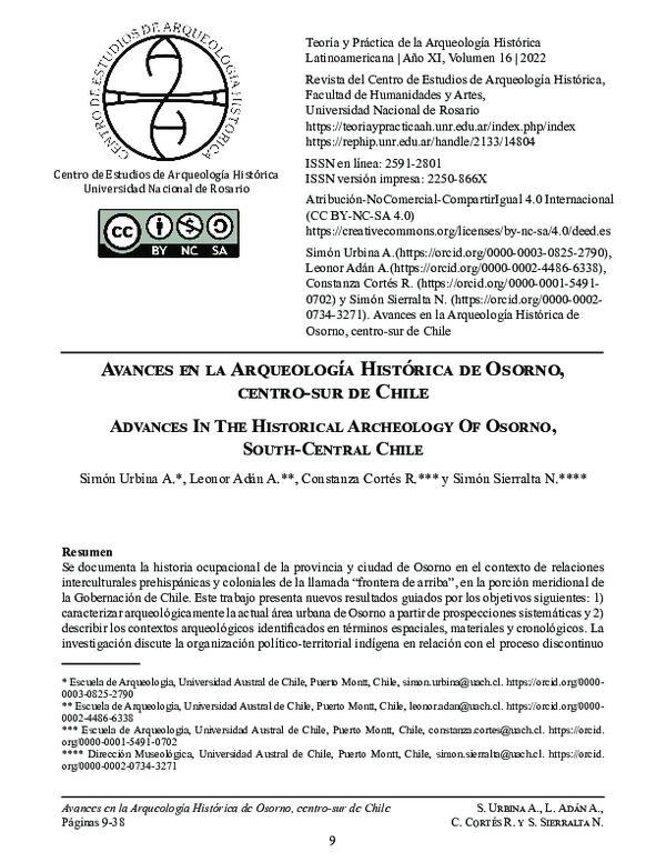(PDF) Avances en la Arqueología Histórica de Osorno, centro-sur de Chile