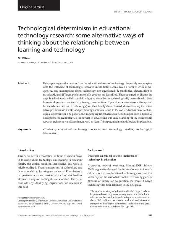 (PDF) Technological determinism in educational technology research: some alternative ways of ...