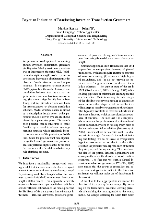 (PDF) Bayesian induction of bracketing inversion transduction grammars | Dekai Wu - Academia.edu