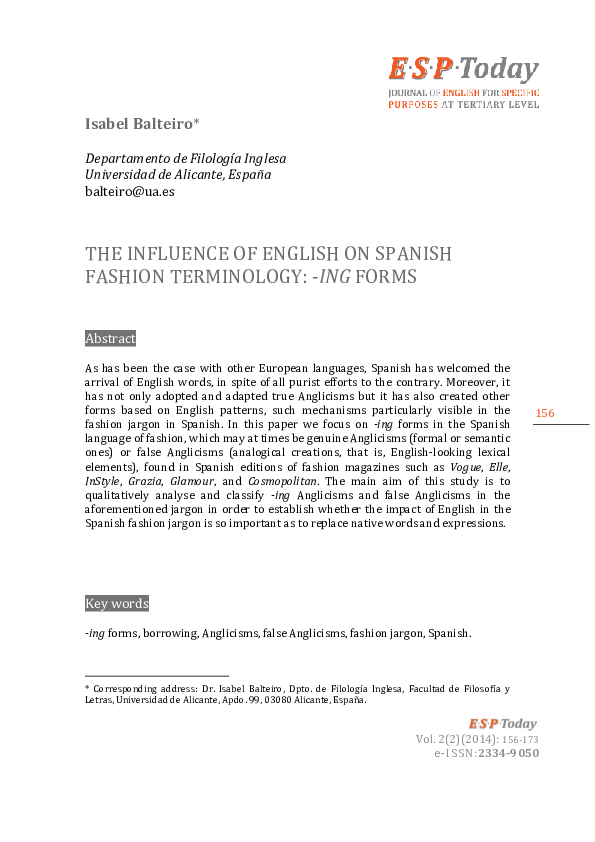 (PDF) The Influence of English on Spanish Fashion Terminology: -Ing Forms