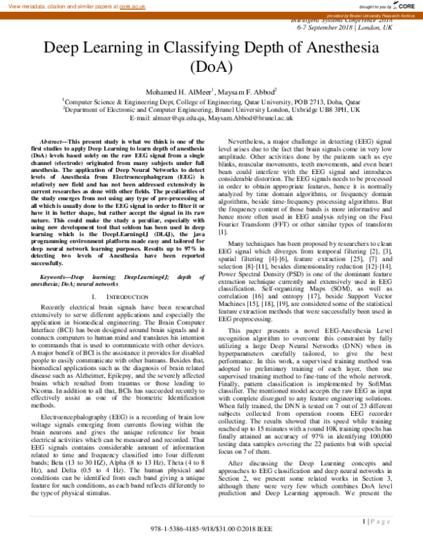 (PDF) Deep Learning in Classifying Depth of Anesthesia (DoA)