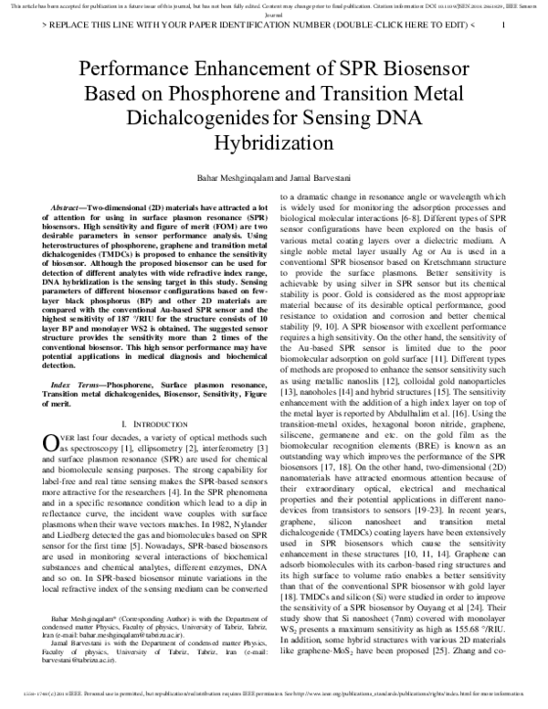 (PDF) Performance Enhancement of SPR Biosensor Based on Phosphorene and Transition Metal ...
