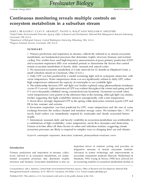 (PDF) Continuous monitoring reveals multiple controls on ecosystem metabolism in a suburban stream
