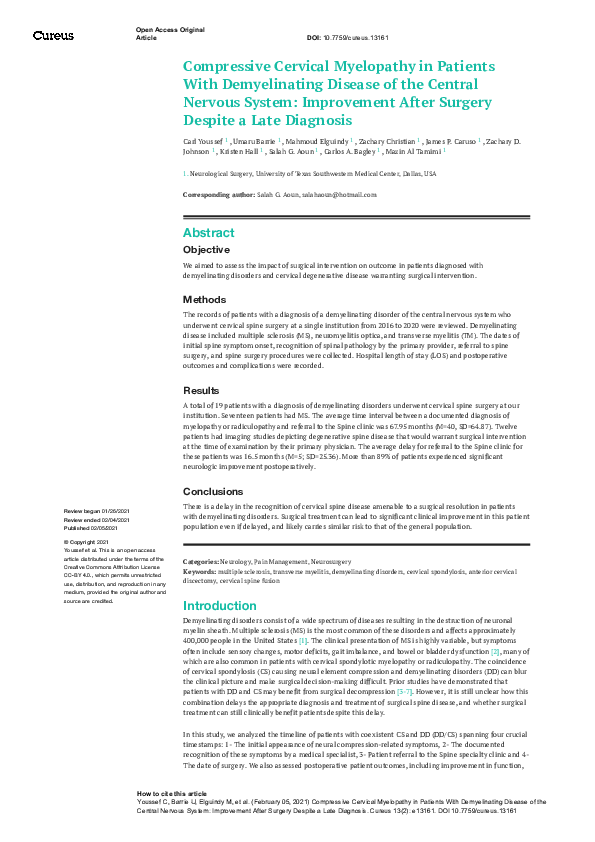 (PDF) Compressive Cervical Myelopathy in Patients With Demyelinating Disease of the Central ...