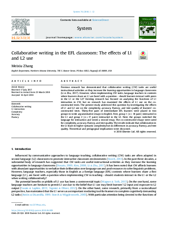 (PDF) Collaborative writing in the EFL classroom: The effects of L1 and L2 use