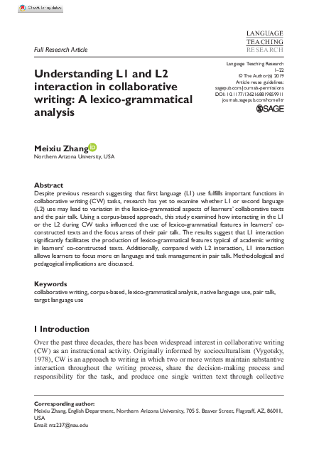 (PDF) Understanding L1 and L2 interaction in collaborative writing: A lexico-grammatical analysis