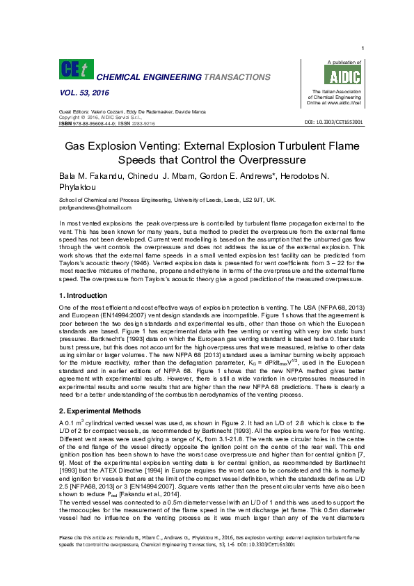 (PDF) Gas Explosion Venting: External Explosion Turbulent Flame Speeds ...