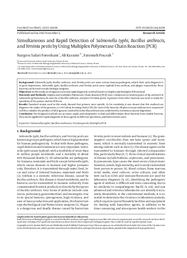 Pdf Simultaneous And Rapid Detection Of Salmonella Typhi Bacillus Anthracis And Yersinia