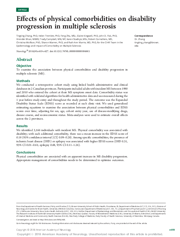 (PDF) Effects of physical comorbidities on disability progression in ...