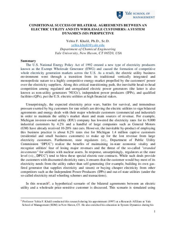 (PDF) CONDITIONAL SUCCESS OF BILATERAL AGREEMENTS BETWEEN AN ELECTRIC ...