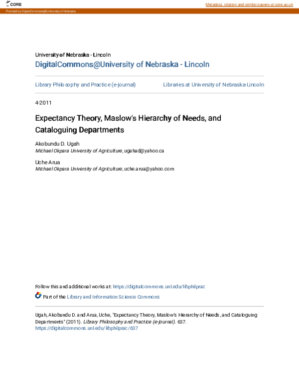 (PDF) Expectancy Theory, Maslow\u27s Hierarchy of Needs, and ...