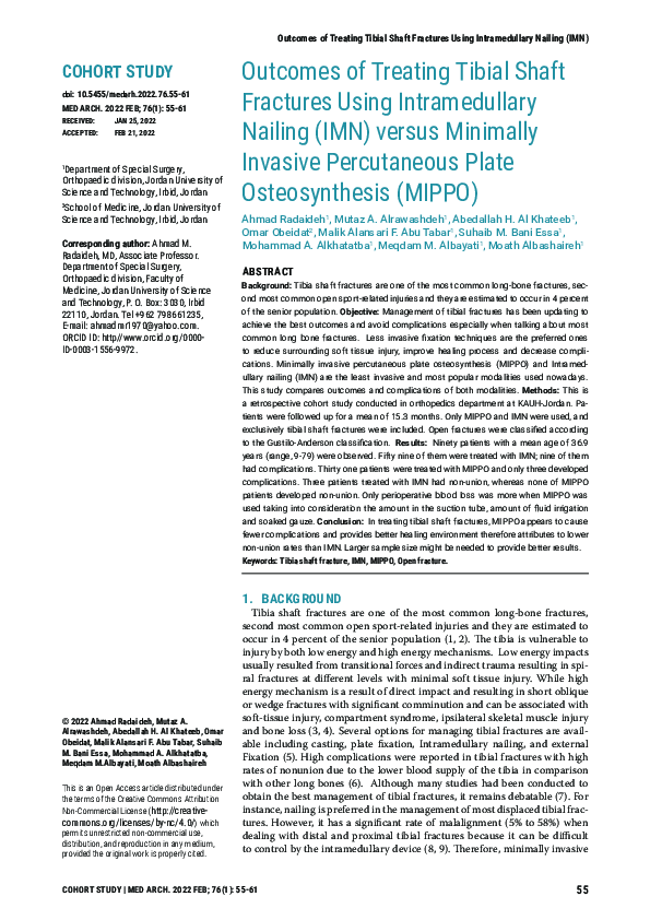 Outcomes of Treating Tibial Shaft Fractures Using Intramedullary ...