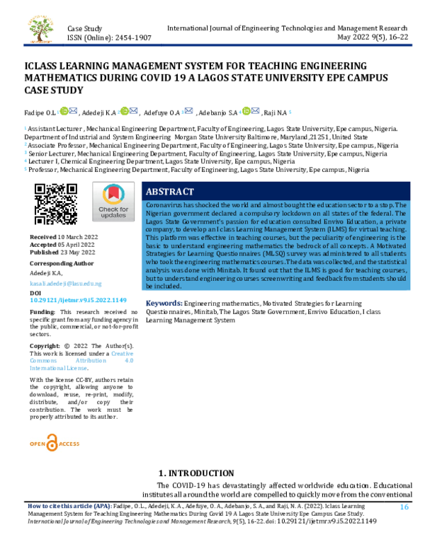 (PDF) Iclass Learning Management System for Teaching Engineering Mathematics During Covid 19 a ...