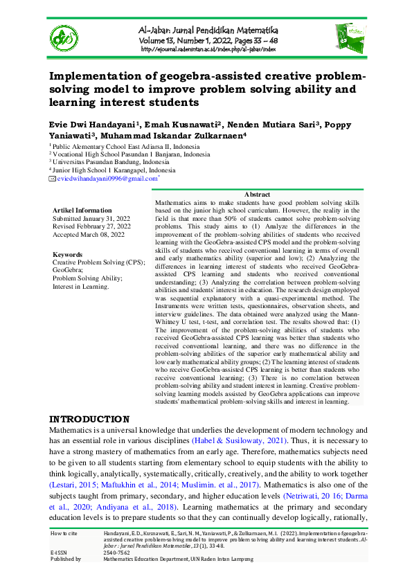 (PDF) Implementation of geogebra-assisted creative problem-solving model to improve problem ...