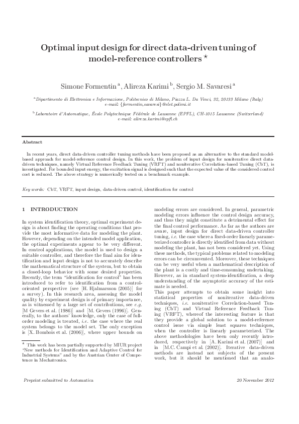Pdf Optimal Input Design For Direct Data Driven Tuning Of Model