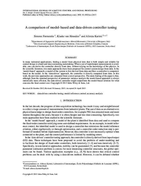 Pdf A Comparison Of Model Based And Data Driven Controller Tuning