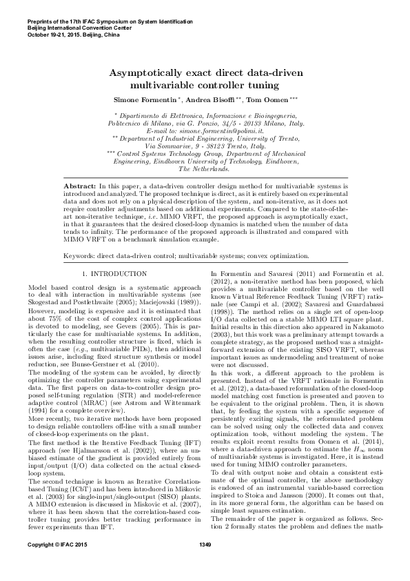Pdf Asymptotically Exact Direct Data Driven Multivariable Controller Tuning