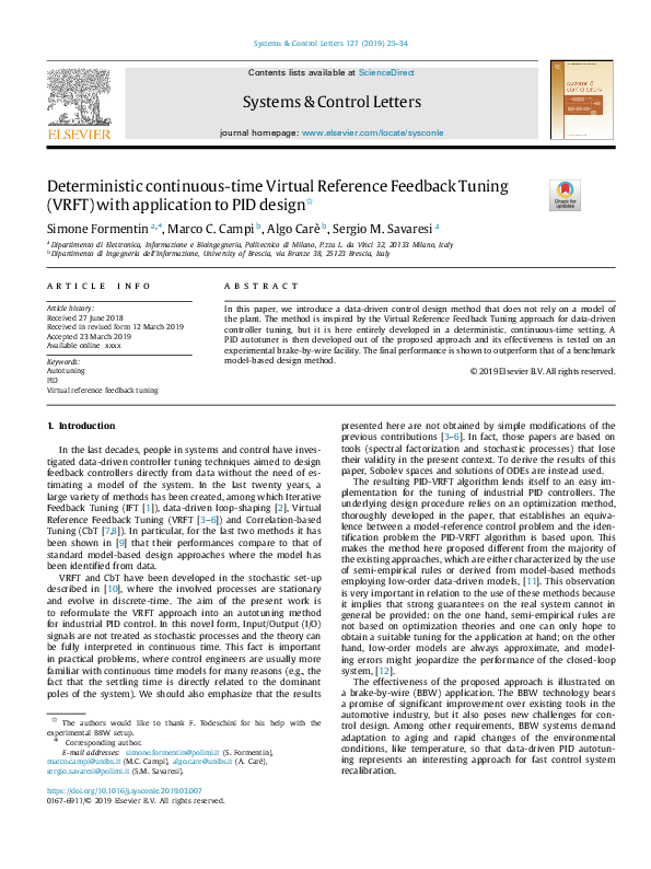 Pdf Deterministic Continuous Time Virtual Reference Feedback Tuning Vrft With Application To