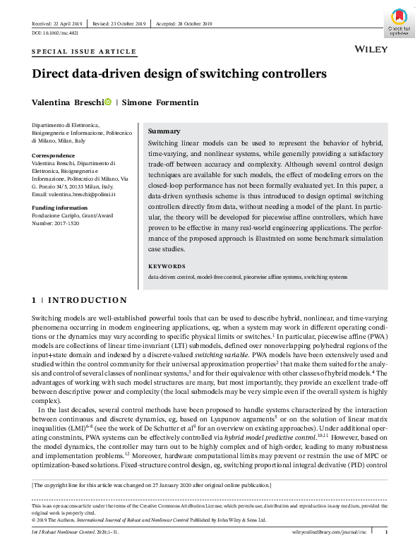 Pdf Data Driven Design Of Switching Controllers