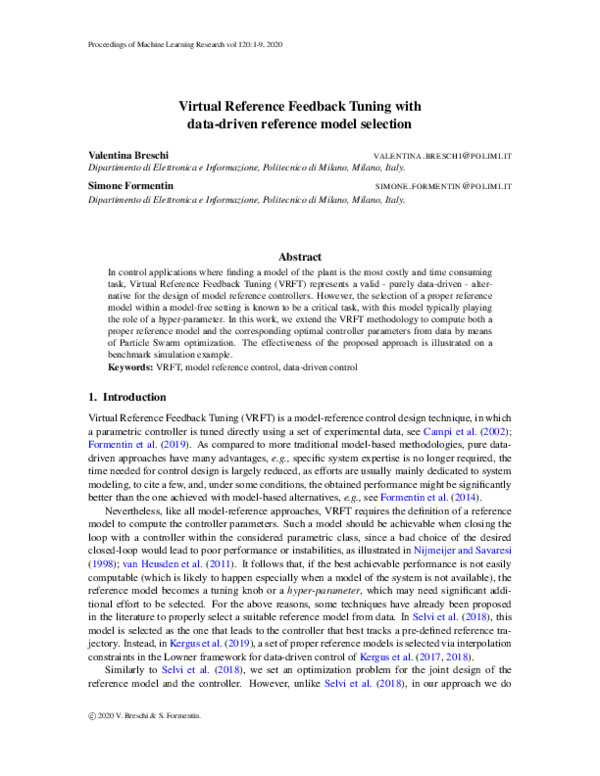 Pdf Virtual Reference Feedback Tuning With Data Driven Reference Model Selection