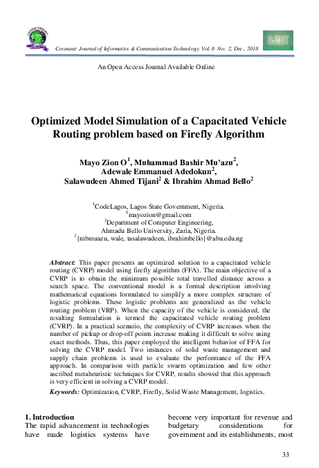 Pdf Optimized Model Simulation Of A Capacitated Vehicle Routing Problem Based On Firefly Algorithm