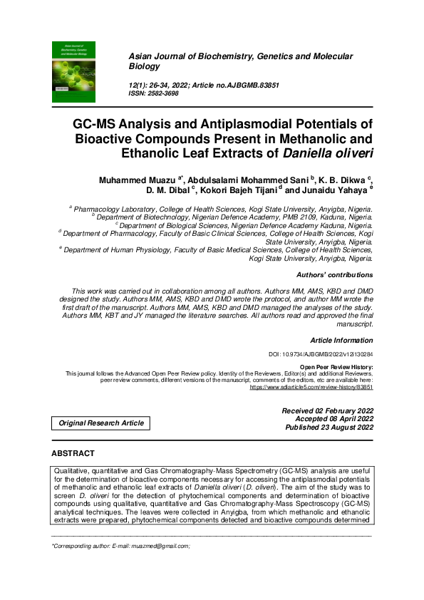 Pdf Gc Ms Analysis And Antiplasmodial Potentials Of Bioactive