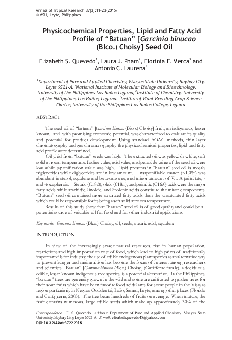 (PDF) Physicochemical Properties, Lipid and Fatty Acid Profile of “Batuan” [Garcinia binucao ...