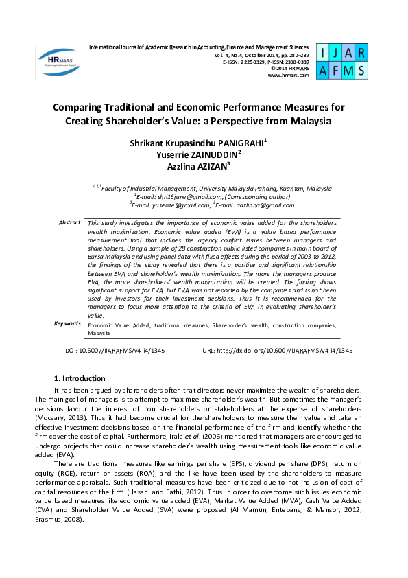 (PDF) Comparing Traditional and Economic Performance Measures for Creating Shareholderâ s Value ...