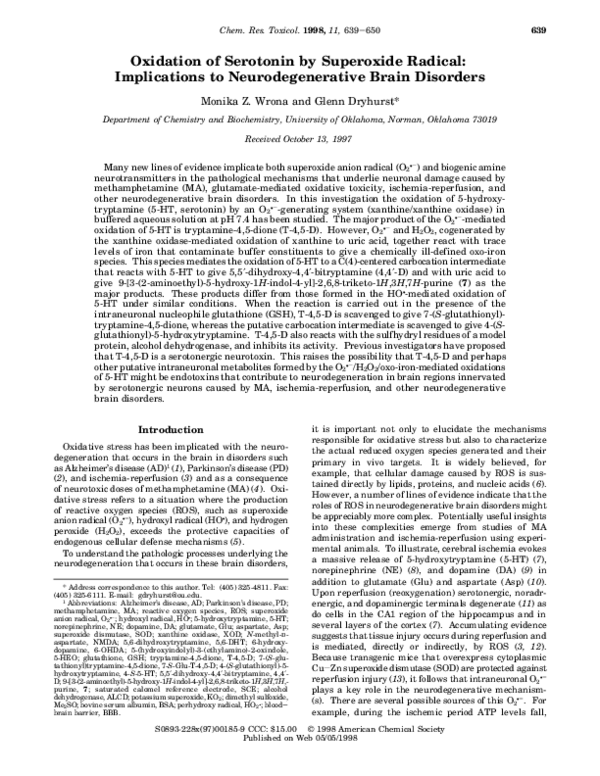 (PDF) Oxidation of Serotonin by Superoxide Radical: Implications to ...