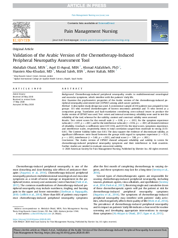 (PDF) Validation of the Arabic Version of the Chemotherapy-Induced ...