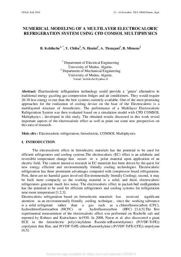 Pdf Numerical Modeling Of A Multilayer Electrocaloric Refrigeration System Using Cfd Comsol