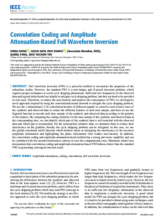 (PDF) Convolution Coding and Amplitude Attenuation-Based Full Waveform Inversion