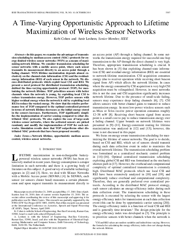 (PDF) A Time-Varying Opportunistic Approach to Lifetime Maximization of Wireless Sensor Networks