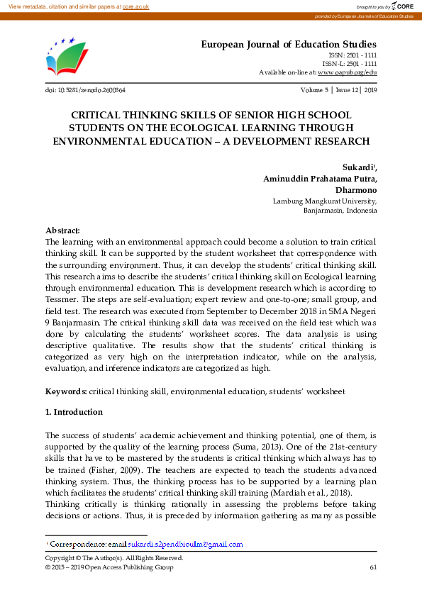 (PDF) Critical Thinking Skills of Senior High School Students on the Ecological Learning Through ...