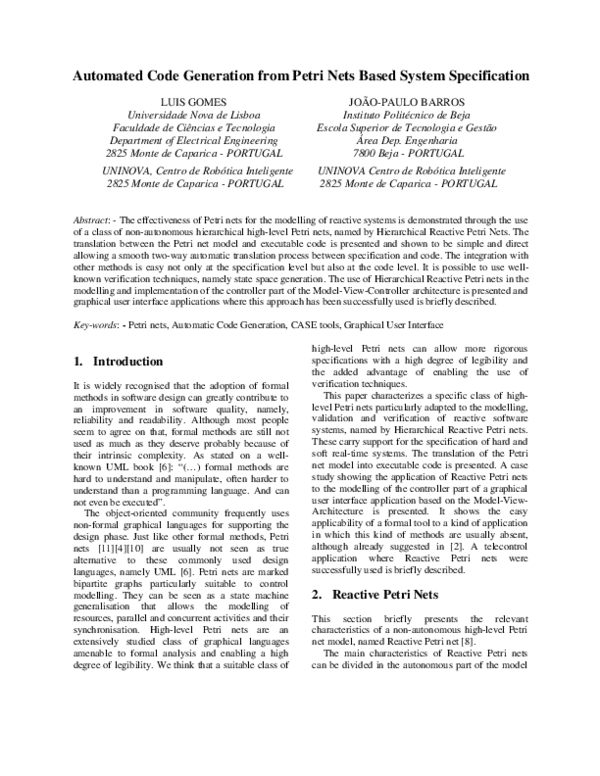 (PDF) Automated Code Generation From Petri Nets Based System Specification | Luis Gomes ...