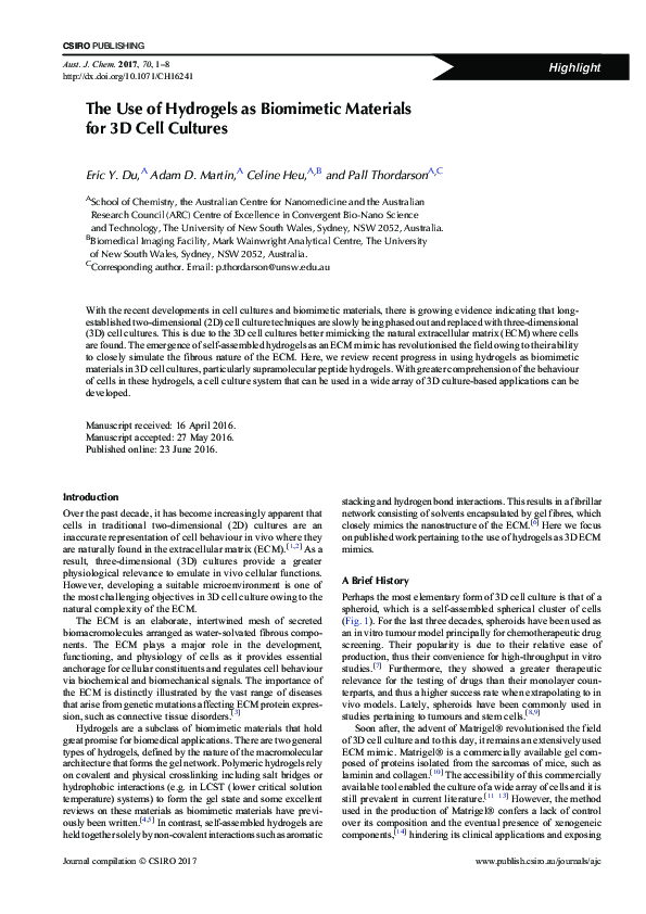(PDF) The Use of Hydrogels as Biomimetic Materials for 3D Cell Cultures